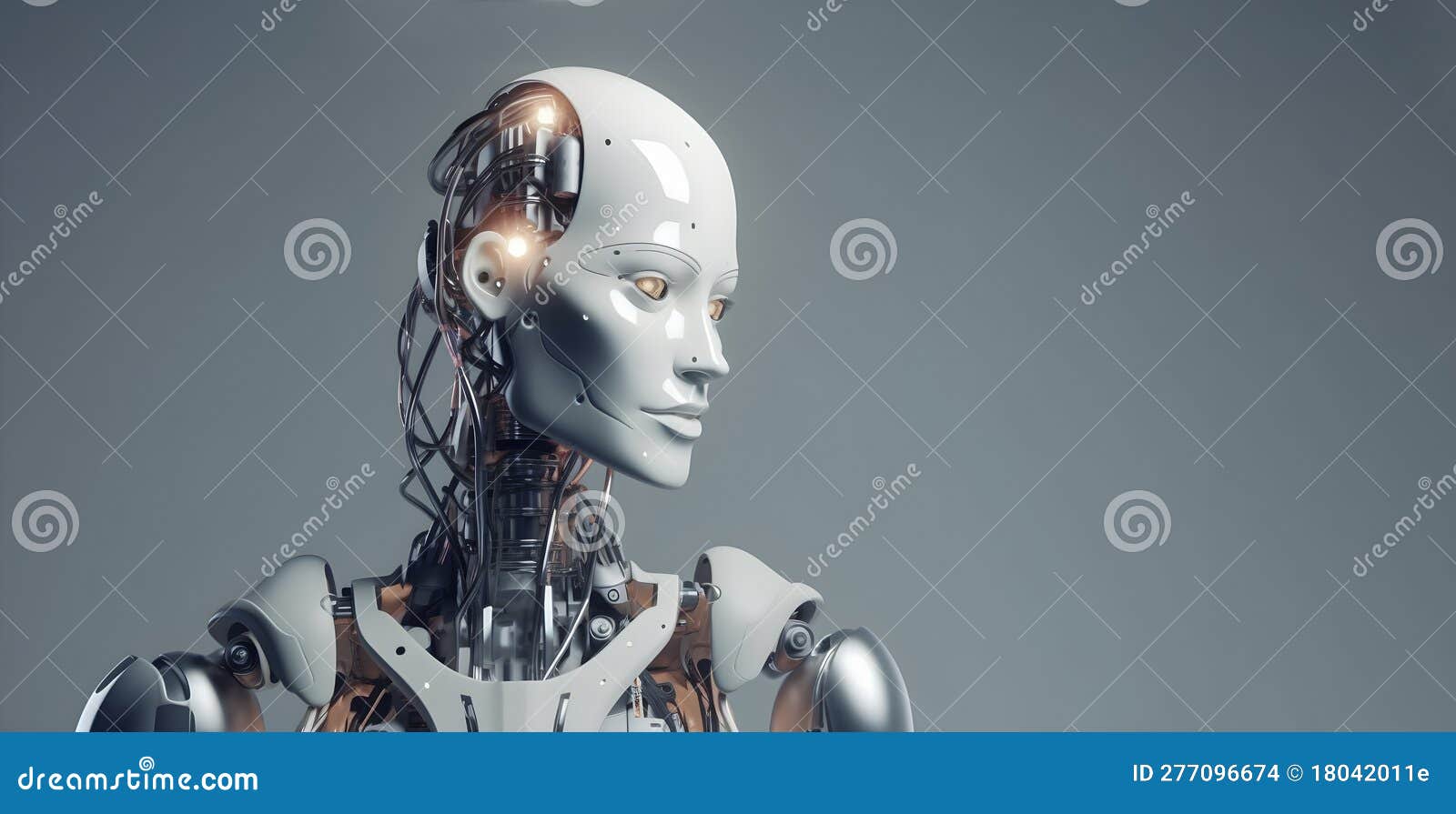 Female Robot Portrait, Technology Concept, Free Copy Space on Grey ...