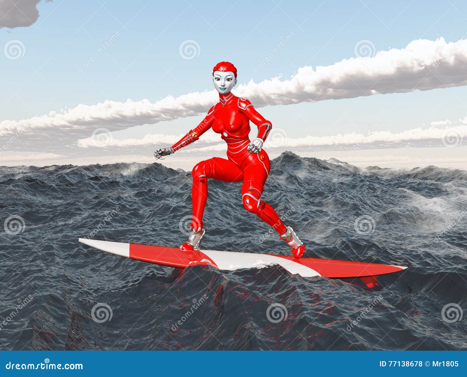Female Robot on a Surfboard Stock Illustration - Illustration of ...
