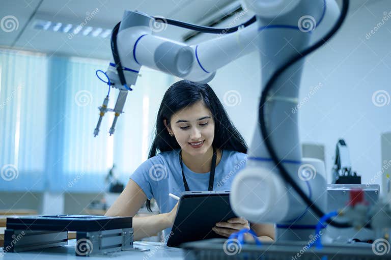 Female Robotics Engineer Working with Programming and Manipulating ...