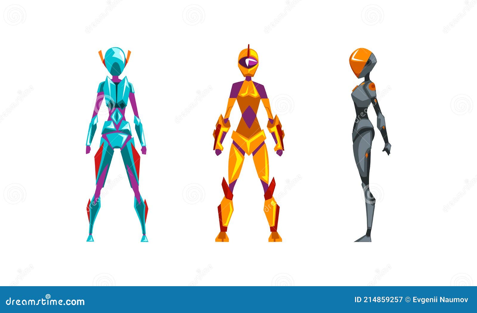 Female Robots Set, Side, Front and Back View of Cyborg Characters in ...
