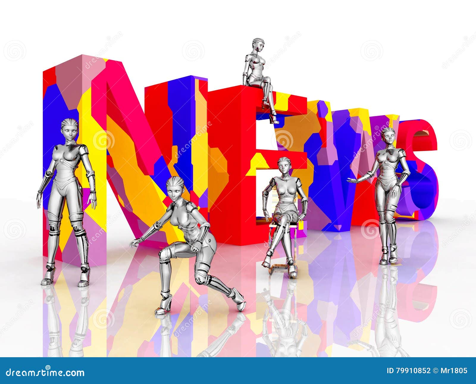 Female Robots In Various Poses Set, Side, Front And Back View Of Cyborg ...