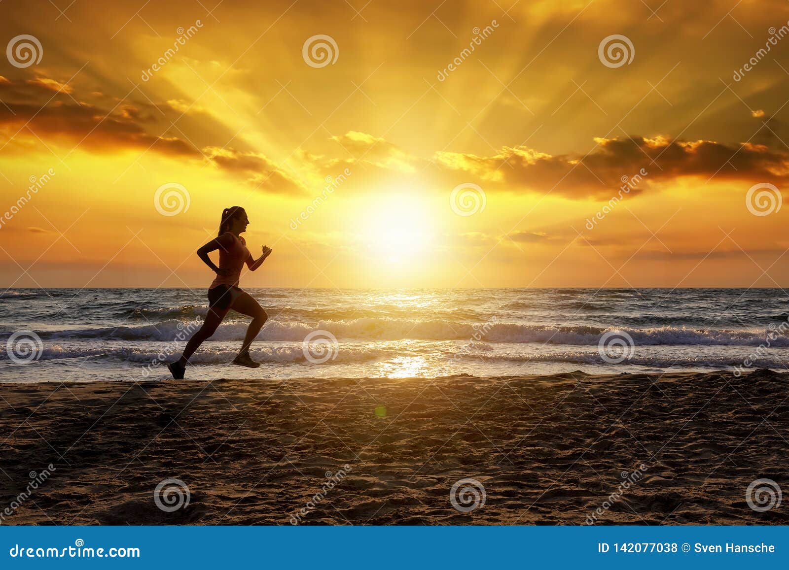 Female Runner on a Beach at Sunset Time Stock Photo - Image of dawn ...
