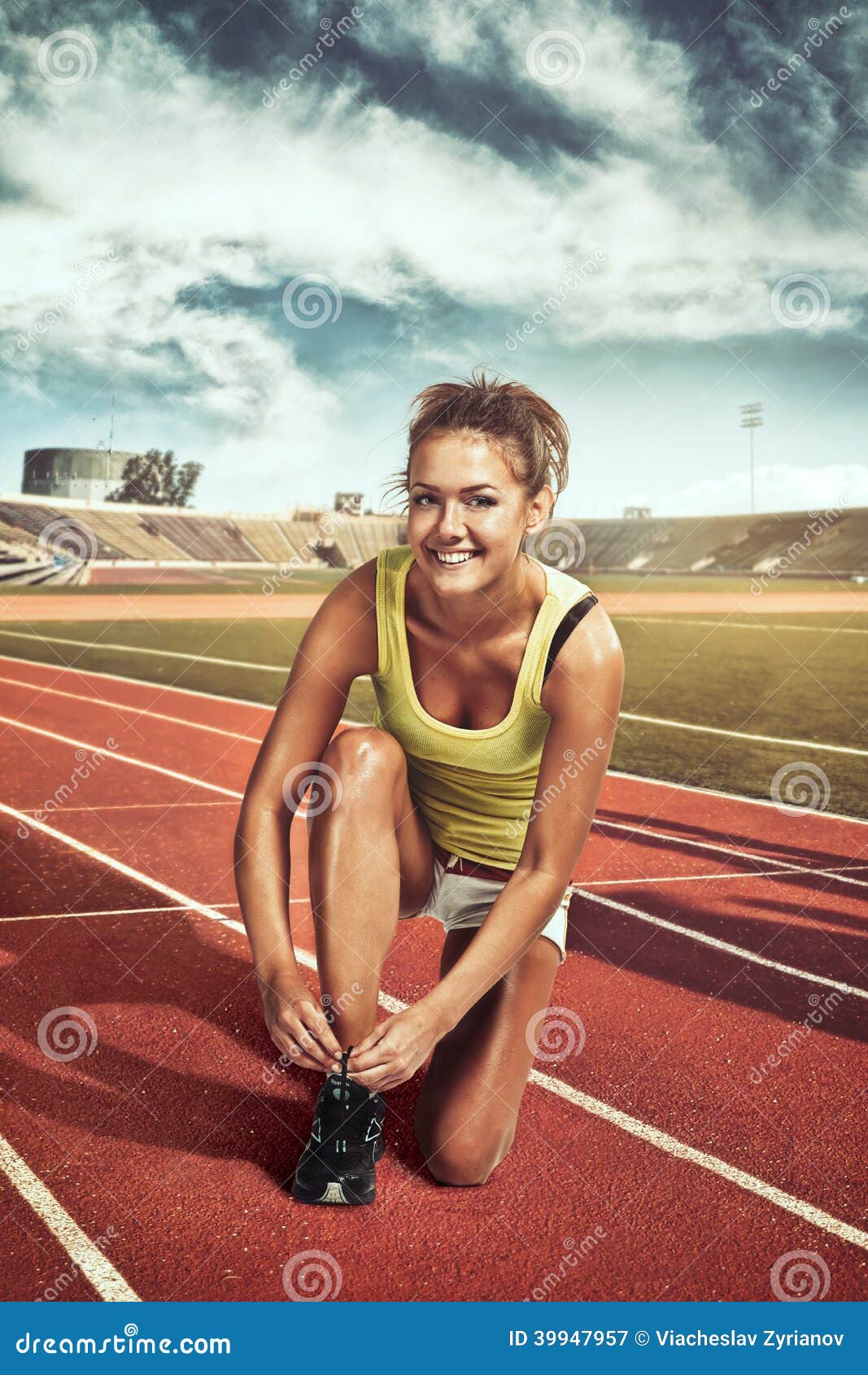 Female Runner Tying Lace on Stadium Stock Image - Image of person, knot ...