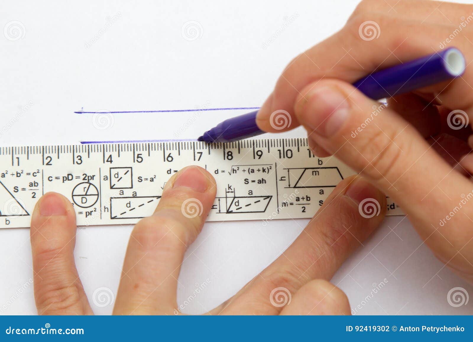 Female`s Hand Holding Pencil and Ruler Drawing on Blank Notebook Paper ...