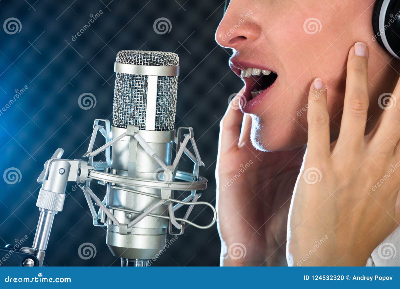 Female`s Open Mouth with Red Lipstick in Front of Microphone Stock ...