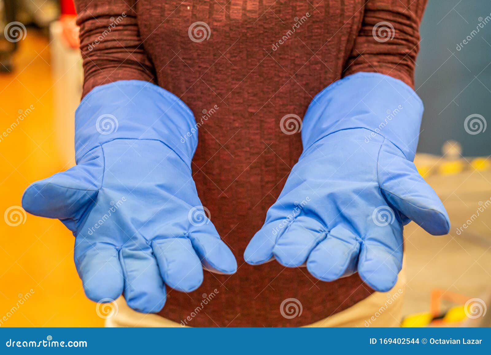 Female Science Student Posing Blue Thick Protection Gloves in a Science ...