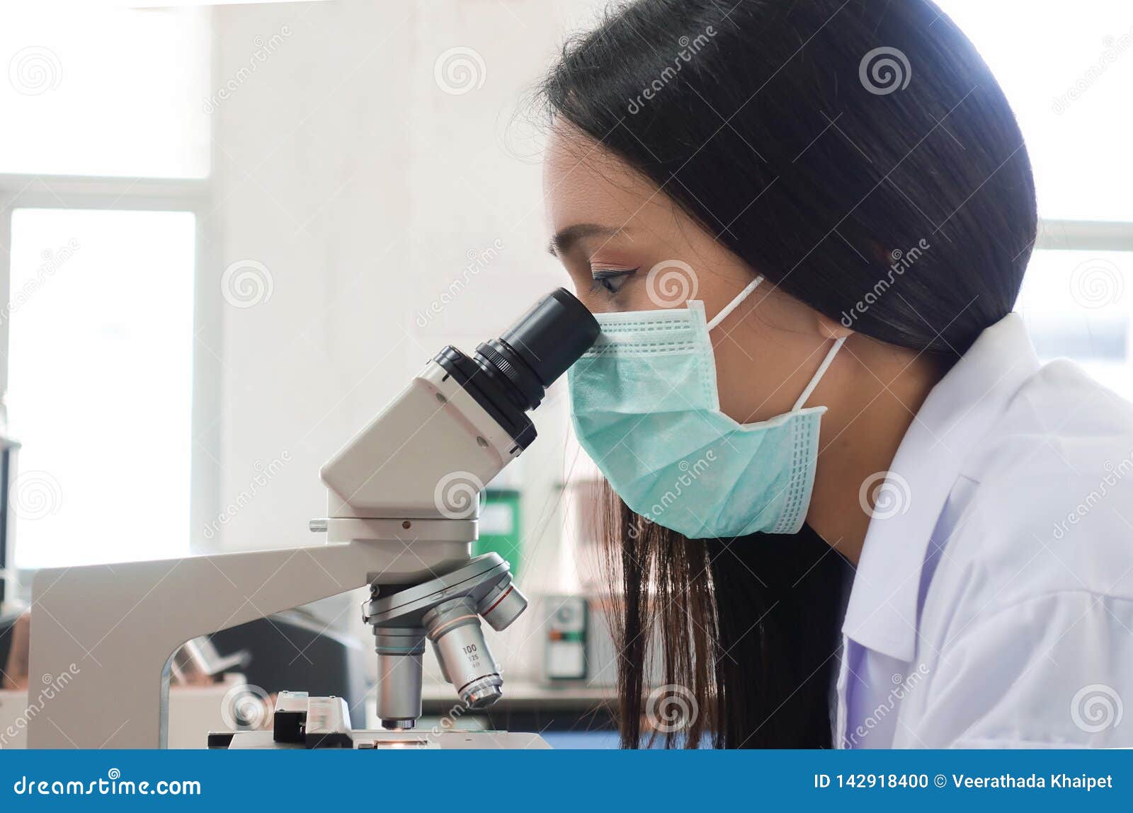 Female Scientist Doing Microscope for Chemistry Test Samples, Examining ...