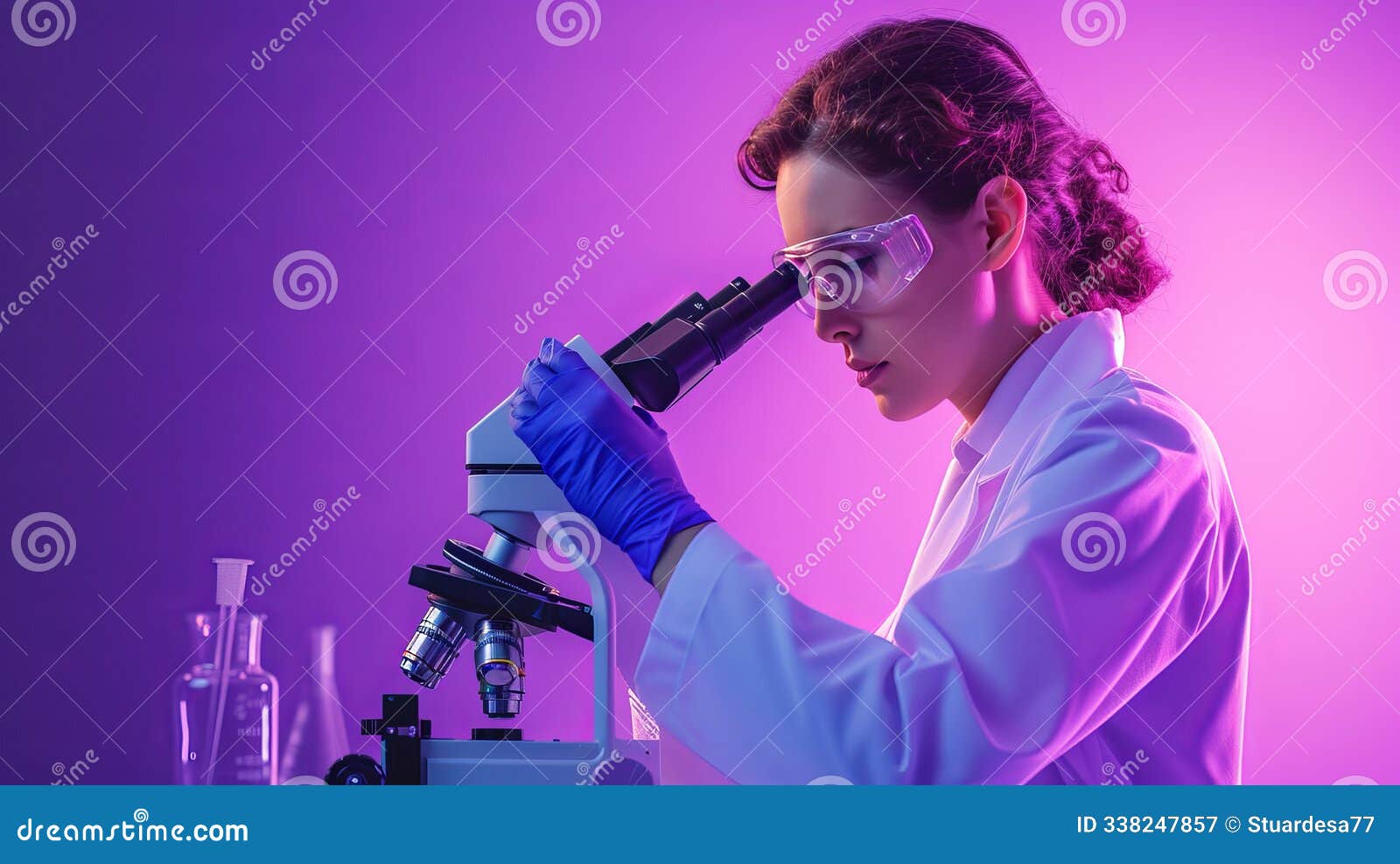 Female Scientist Examining Samples Under a Microscope in Lab Stock ...