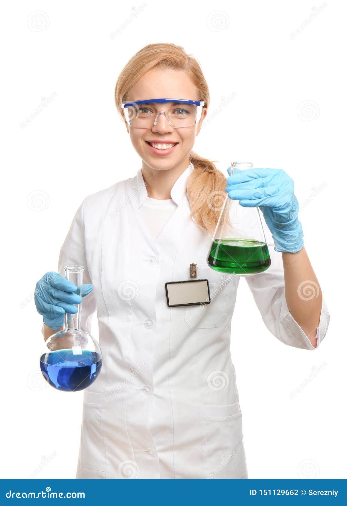 Female Scientist with Flasks on White Background Stock Photo - Image of ...