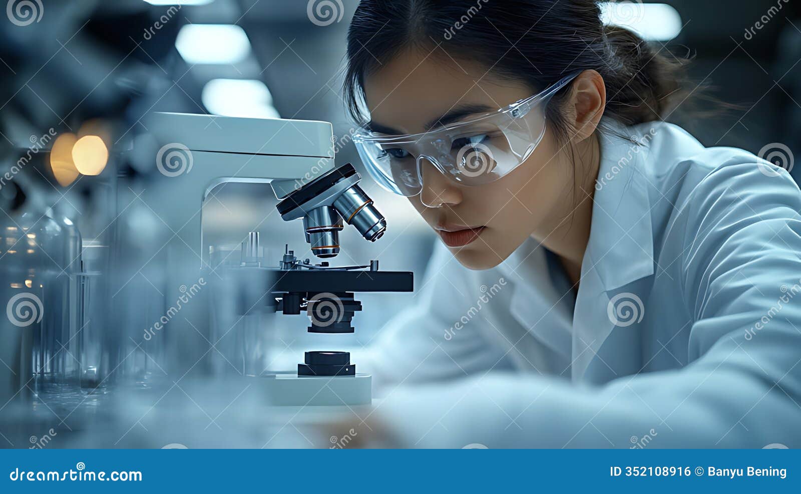 A Female Scientist in a Lab Coat Looks through a Microscope Stock ...