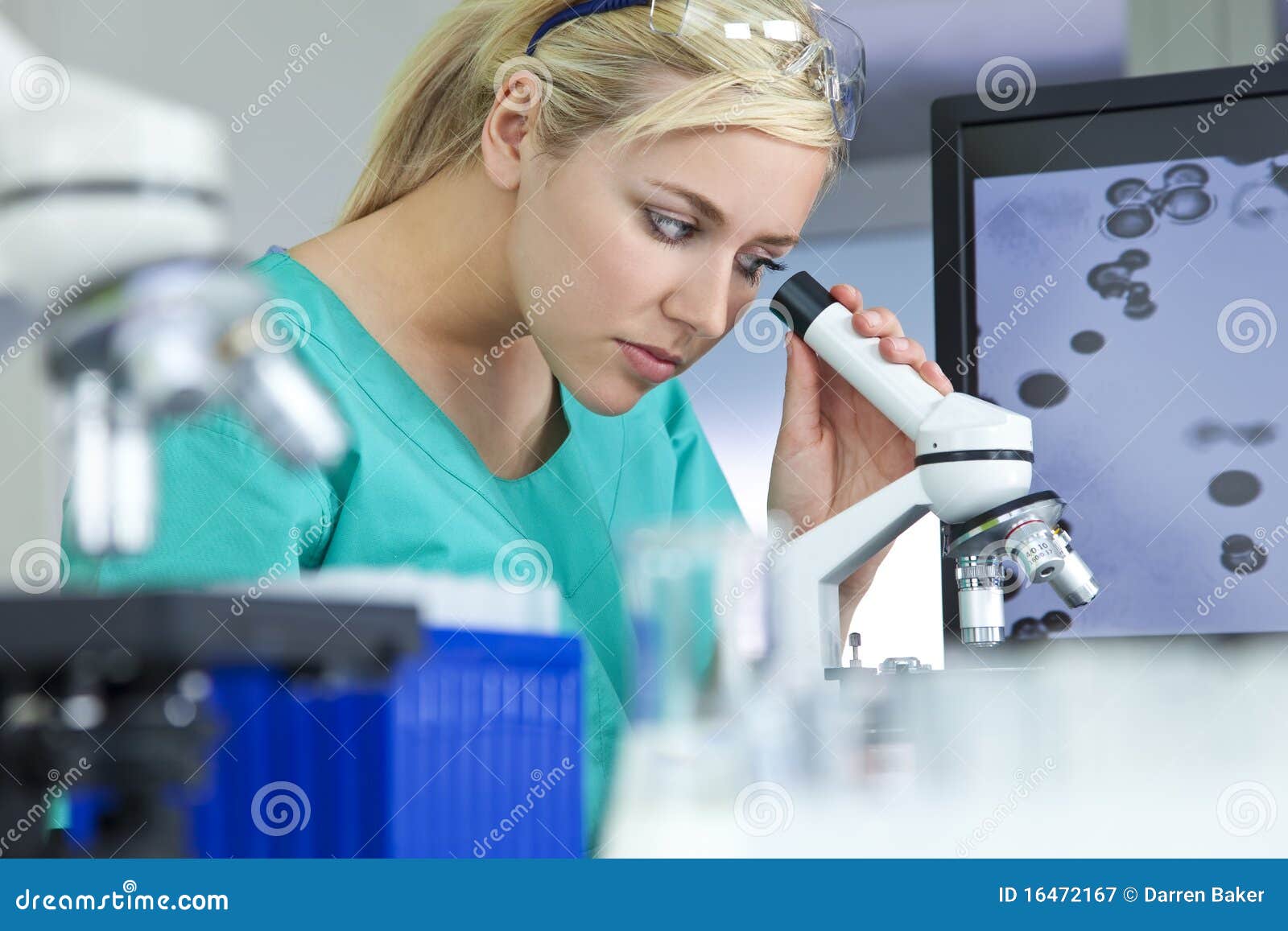 Female Scientist & Microscope in Laboratory Stock Image - Image of ...