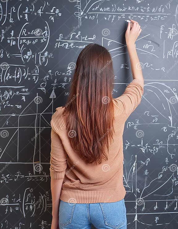 Female Scientist Solving Complex Equations on Chalkboard: Advanced ...