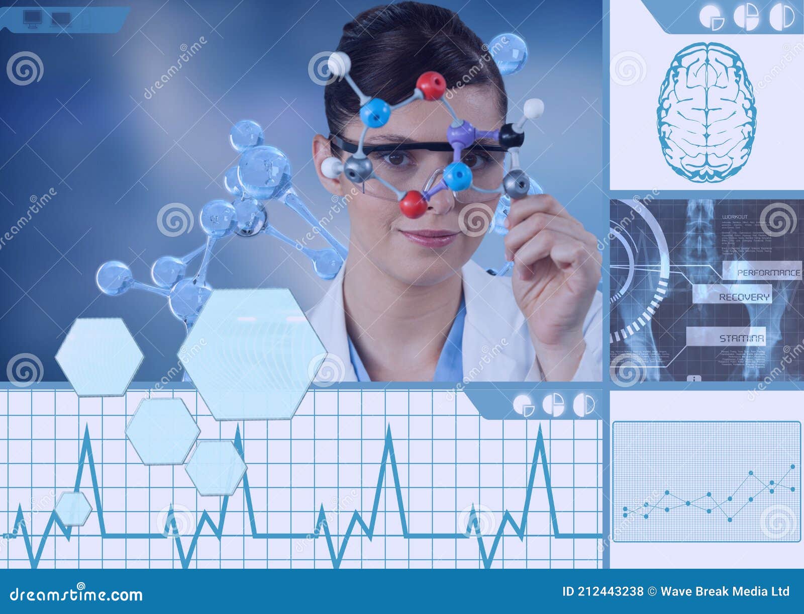 Female Scientist Touching 3d Molecules with Human Brain and Scientific ...
