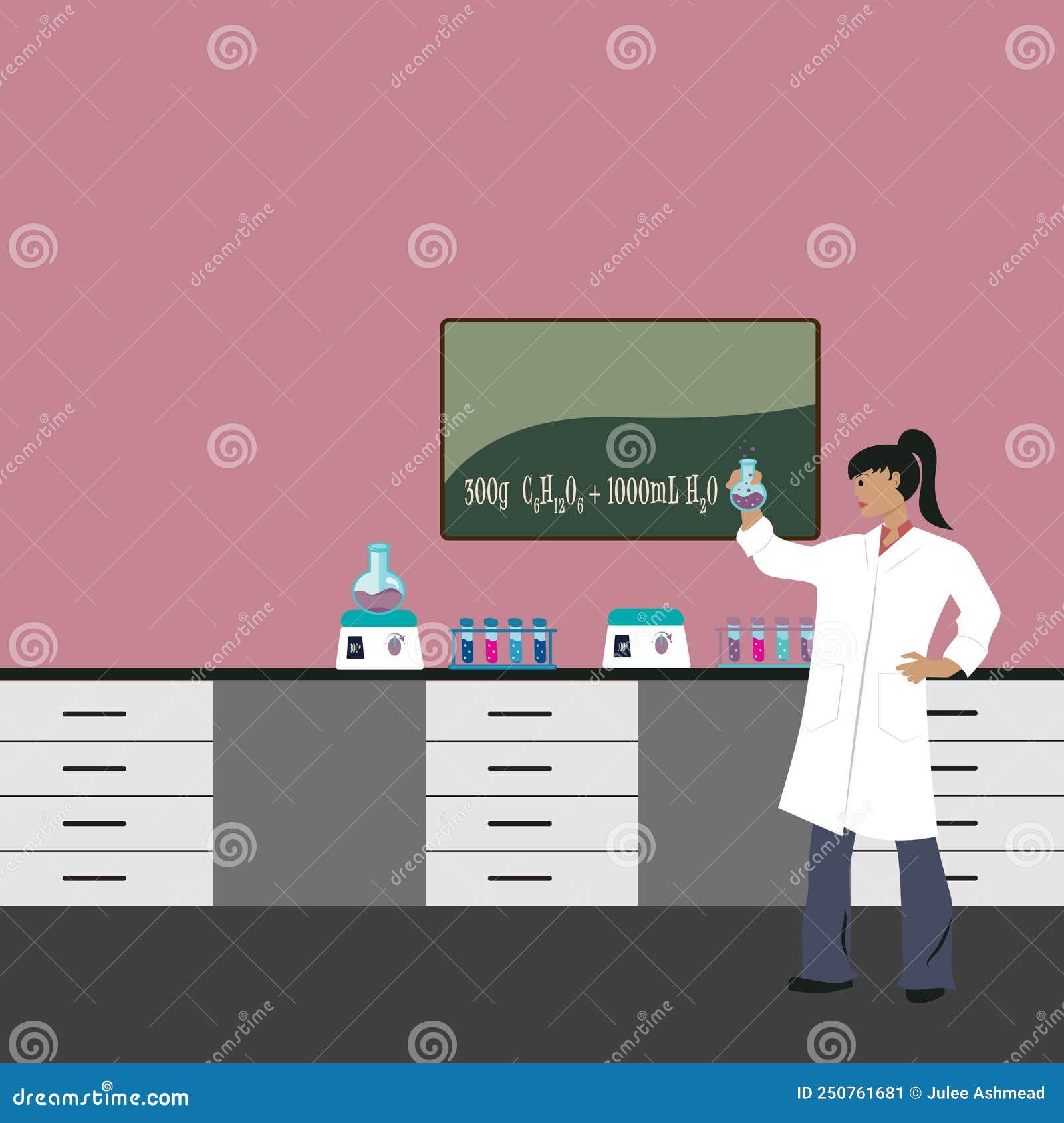 Female Scientist Working at Her Lab Bench Stock Vector - Illustration ...