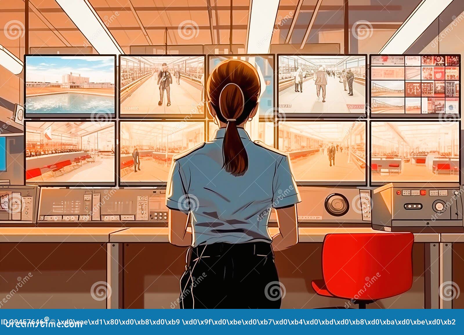 A Female Security Guard Looks at the Surveillance Camera Monitors from ...