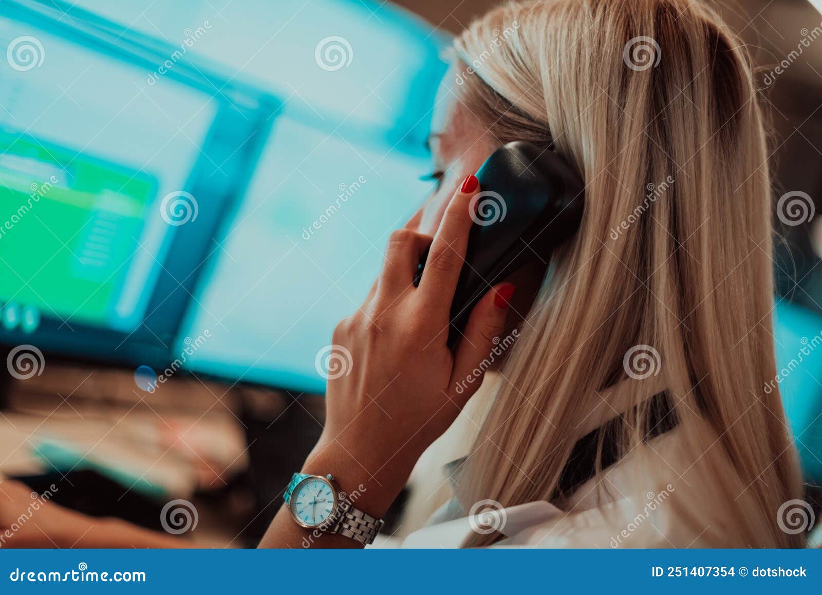 Female Security Guard Operator Talking on the Phone while Working at ...