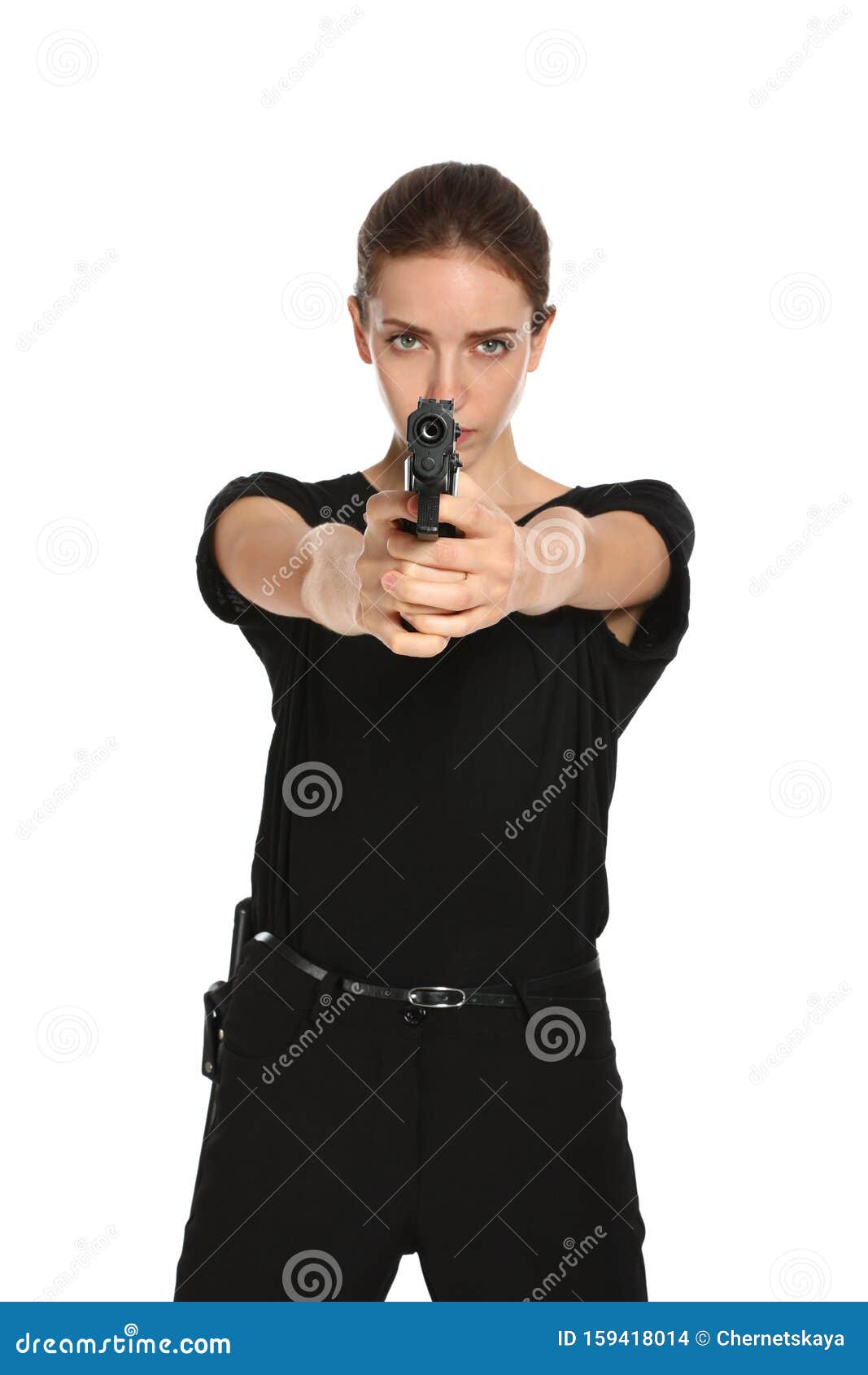 Female Security Guard in Uniform with Gun on Background Stock Photo ...