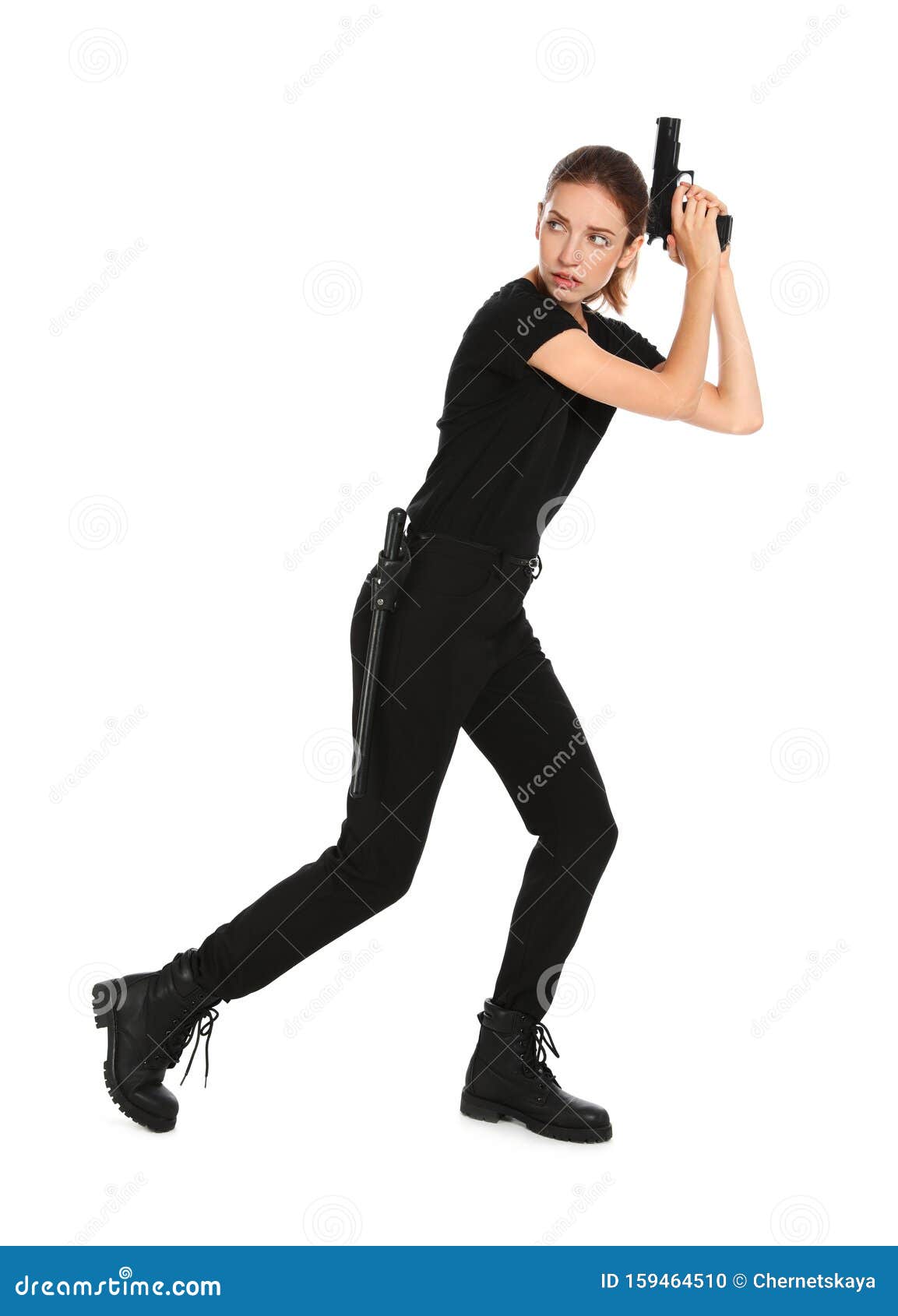 Female Security Guard in Uniform with Gun on Background Stock Photo ...