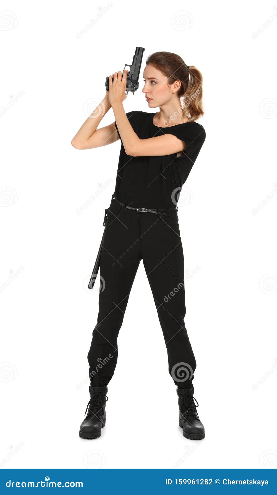 Female Security Guard in Uniform with Gun on Background Stock Photo ...