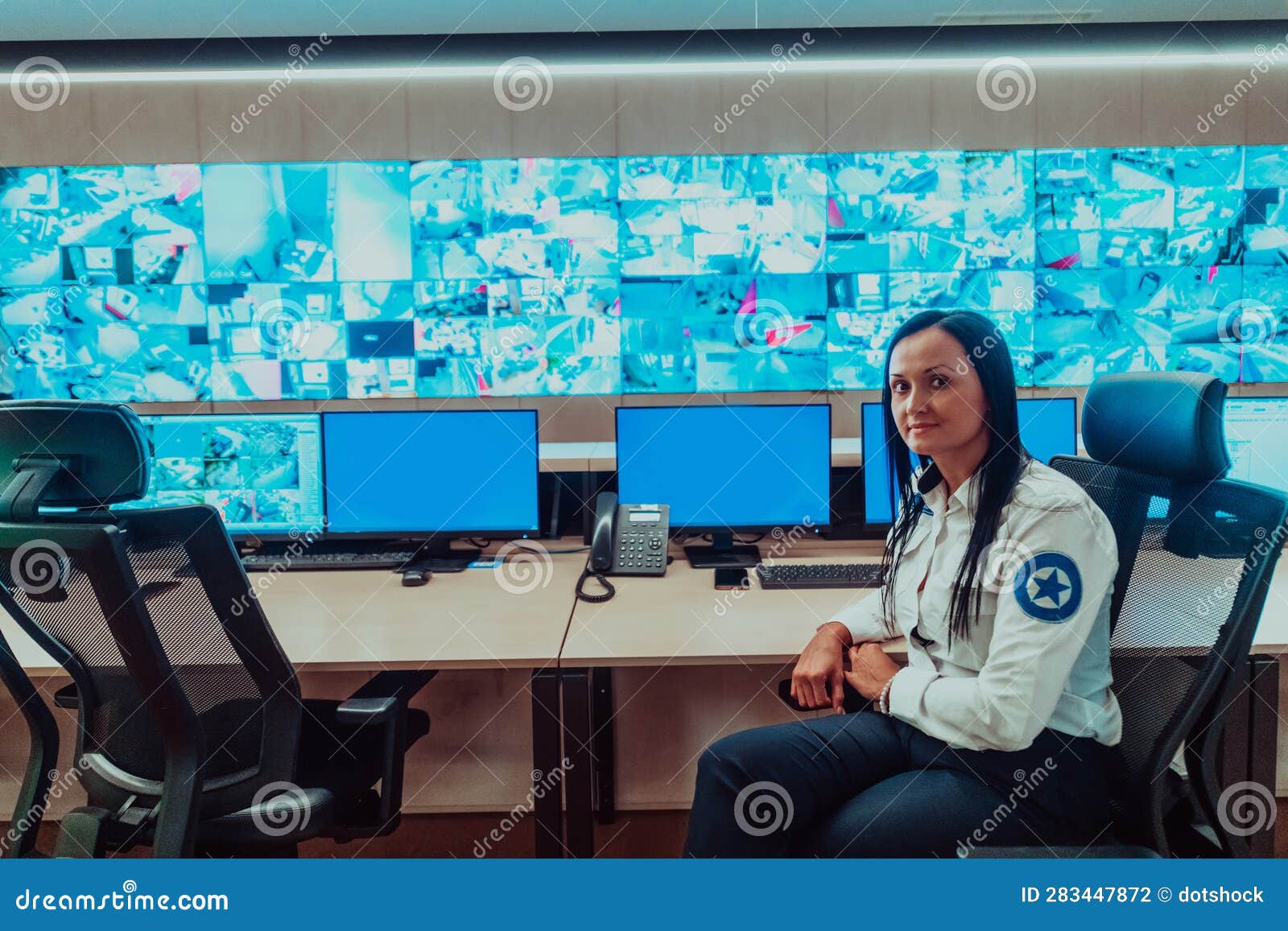 Female Security Operator Working in a Data System Control Room Offices Technical Operator ...
