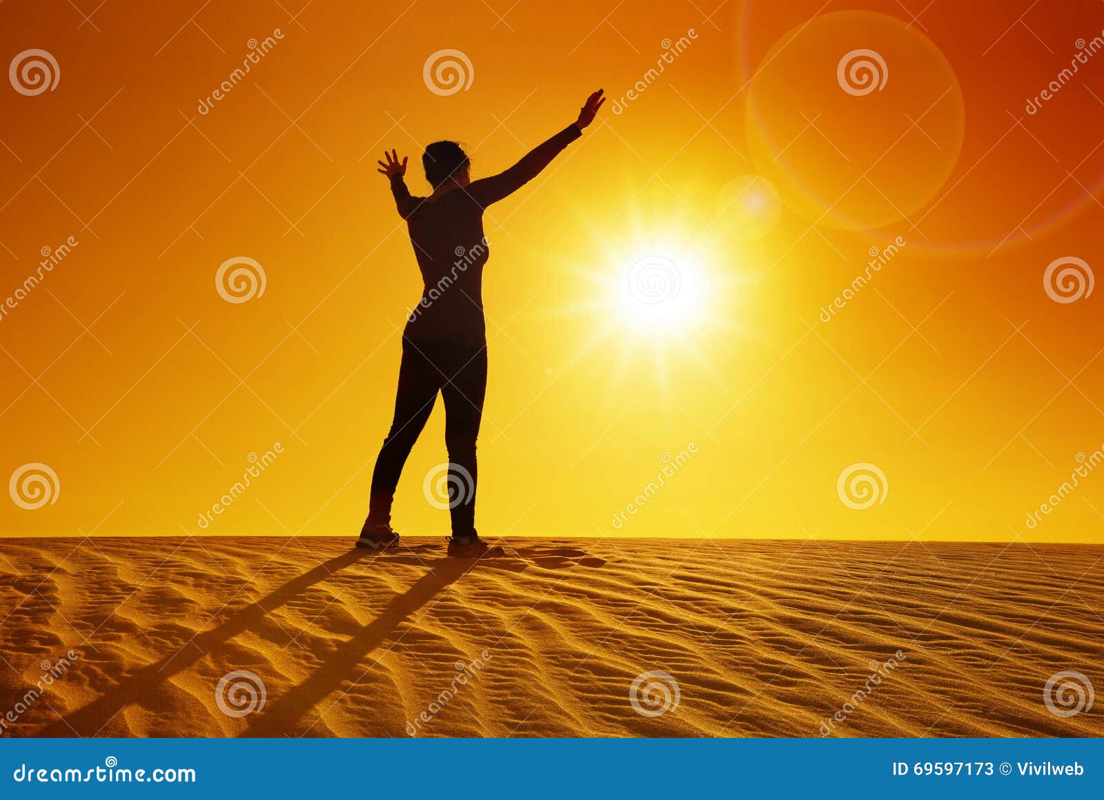 Female Silhouette on Top of Sand Dune Stock Image - Image of enjoyment ...