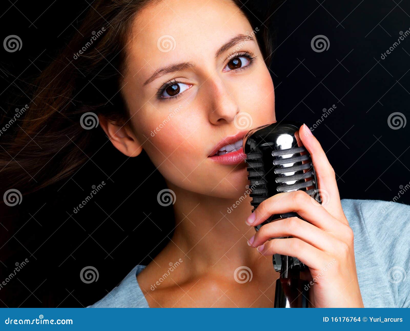 Female Singer Holding Old Fashioned Microphone Stock Photo - Image of ...