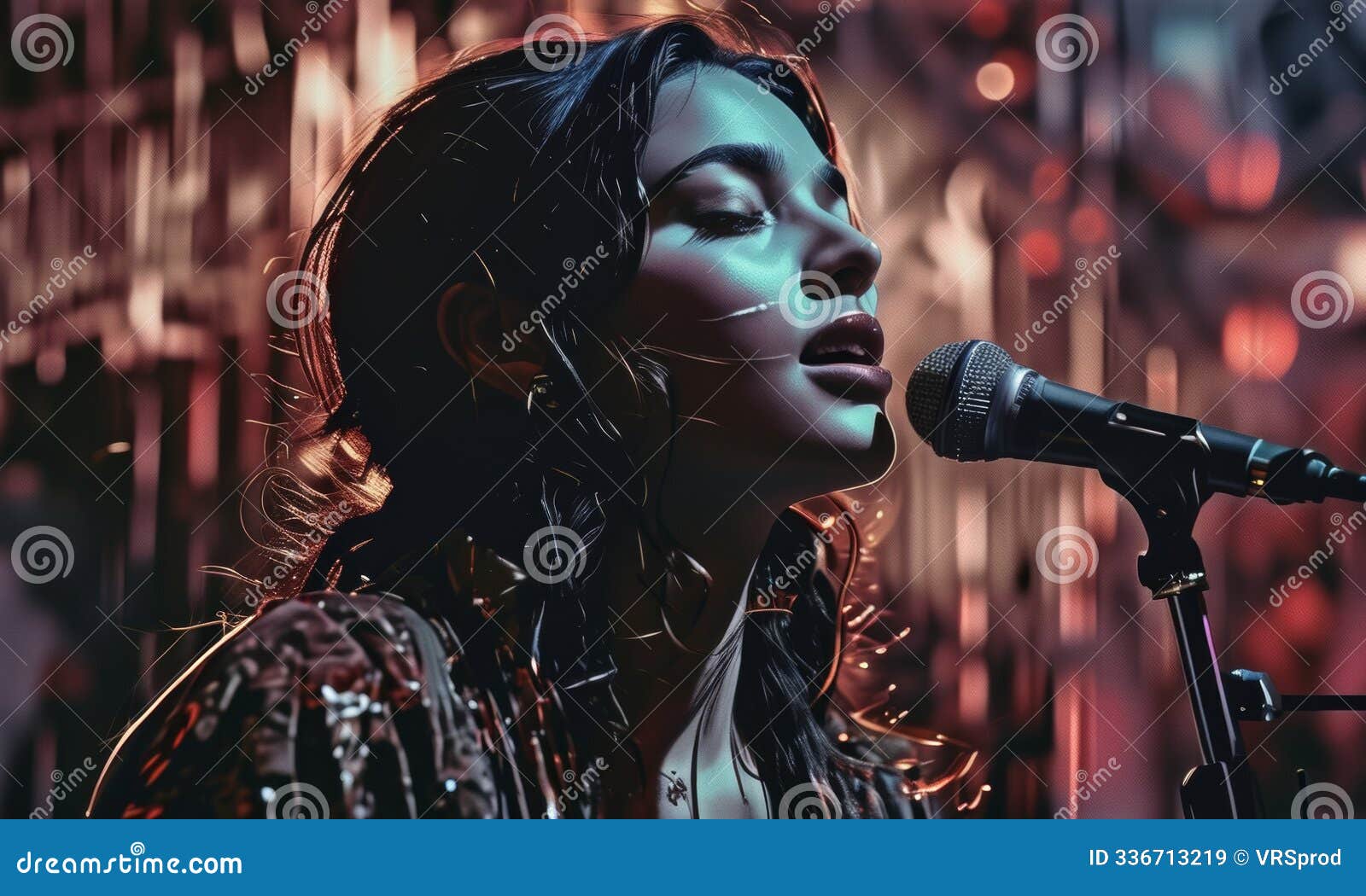 Female Singer Passionately Performing on Stage in Dim Lighting Stock ...