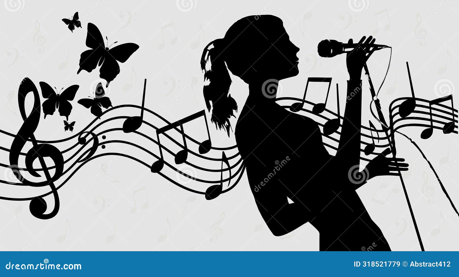 Female Singer Singing To Microphone. Performer with Musical Notes ...