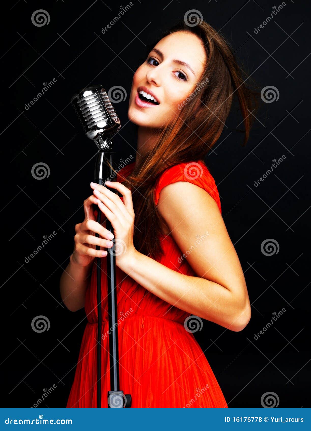 Female Singing with Old Fashioned Microphone Stock Photo - Image of ...