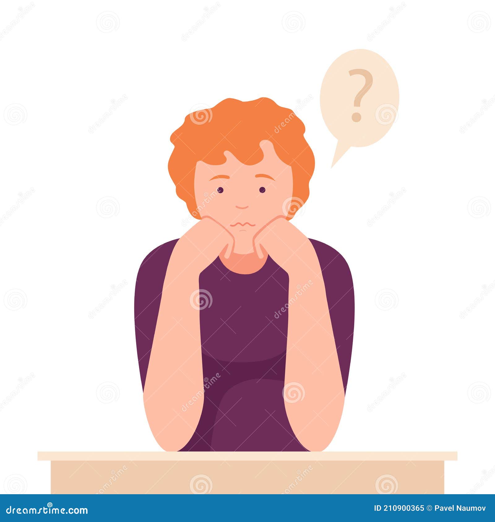 Female Sitting at Table with Pensive Face Expression Thinking and ...