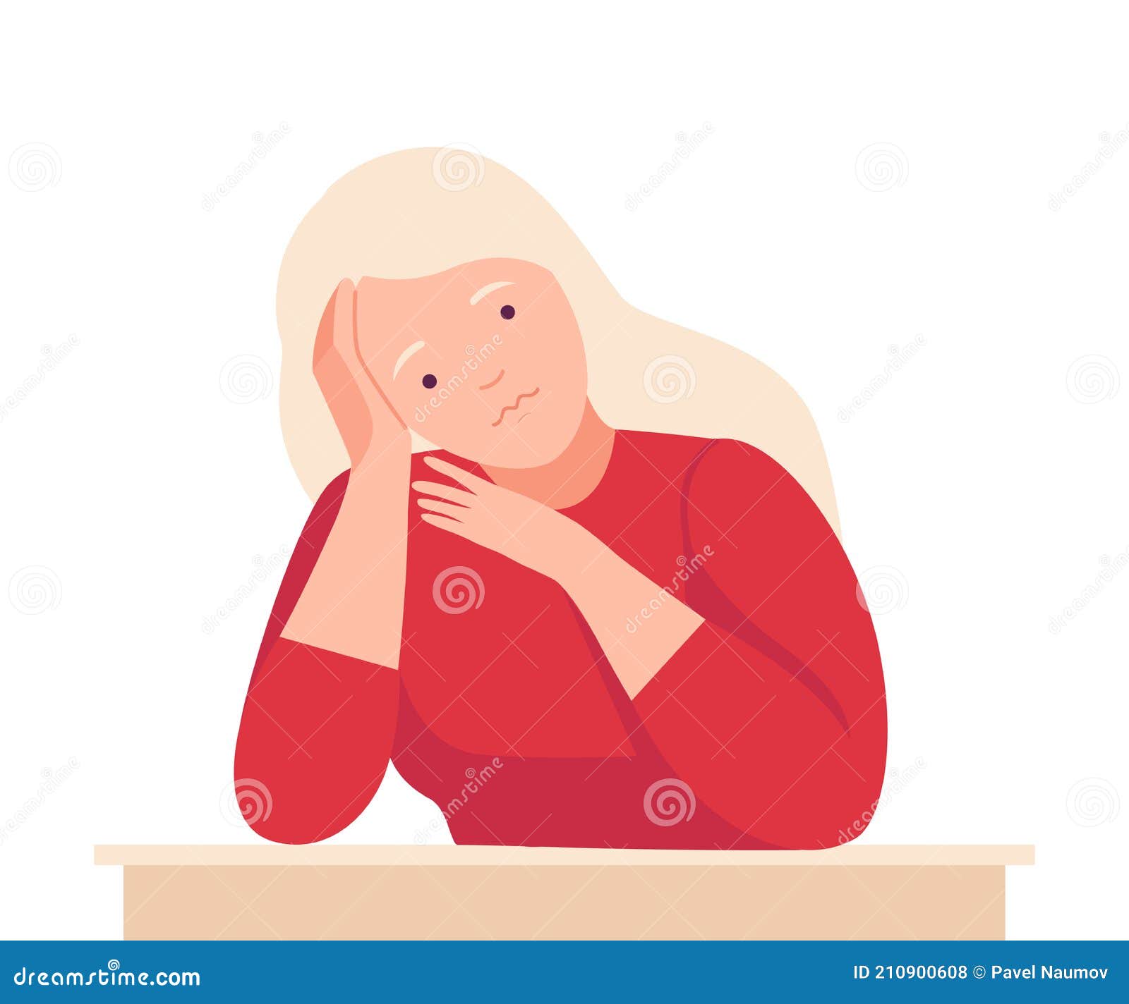 Female Sitting at Table with Pensive Face Expression Thinking and ...
