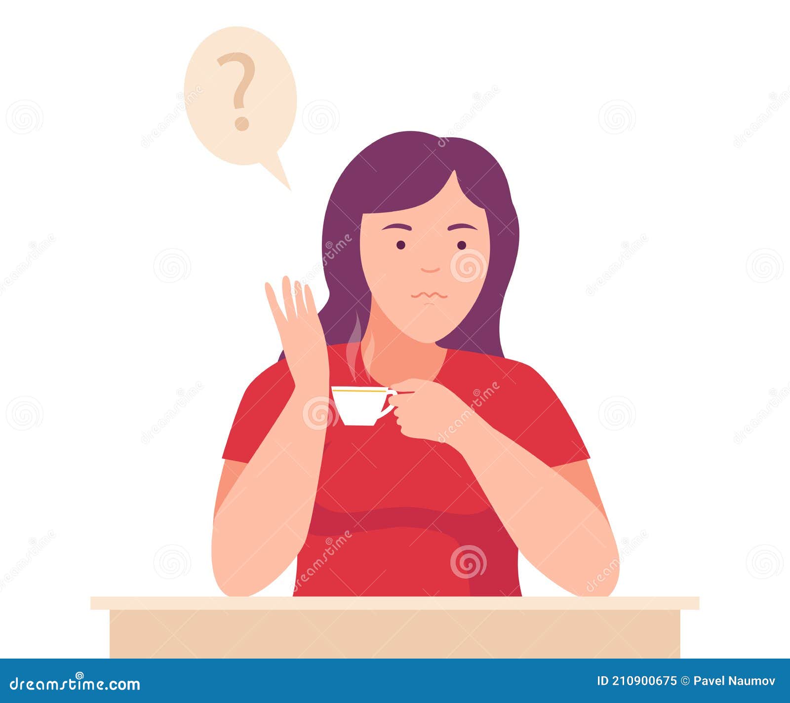 Female Sitting at Table with Pensive Face Expression Thinking and ...