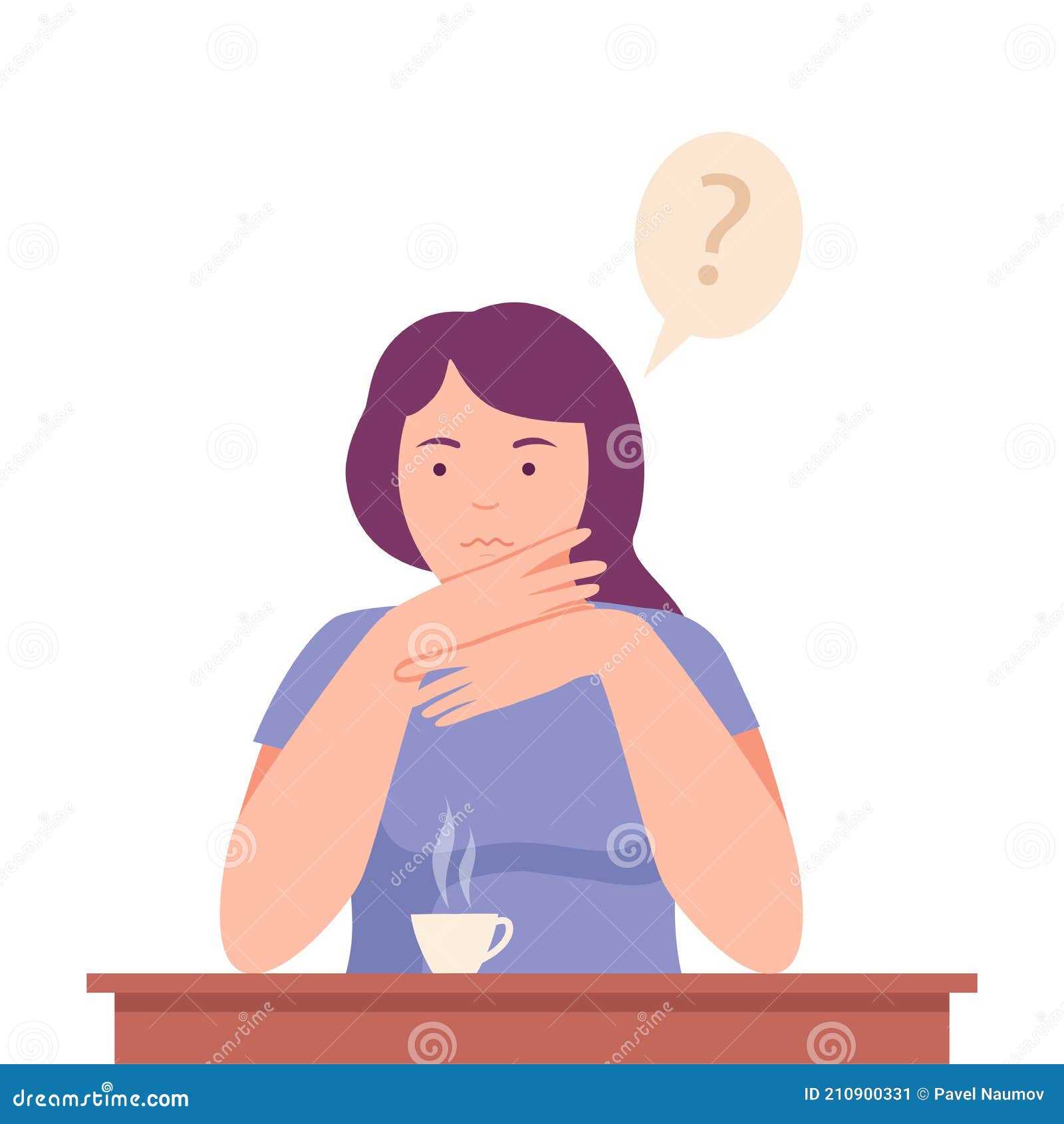 Female Sitting at Table Thinking and Considering of Something Vector ...