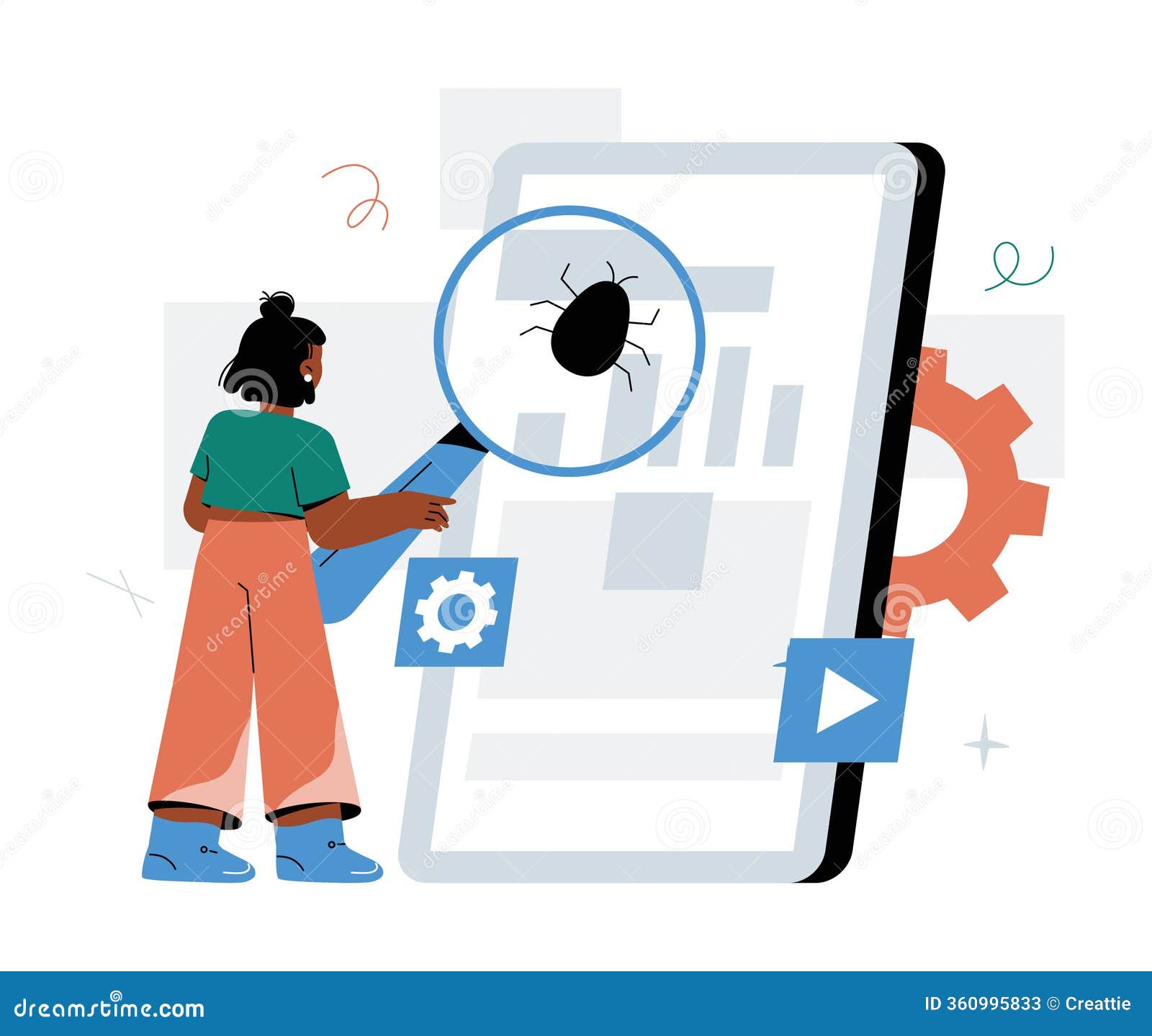 Female Software Tester Detecting Bug on Mobile App, Flat Vector ...