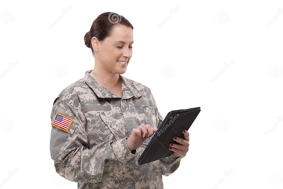 Female Soldier with Digital Tablet Stock Photo - Image of patriotism ...