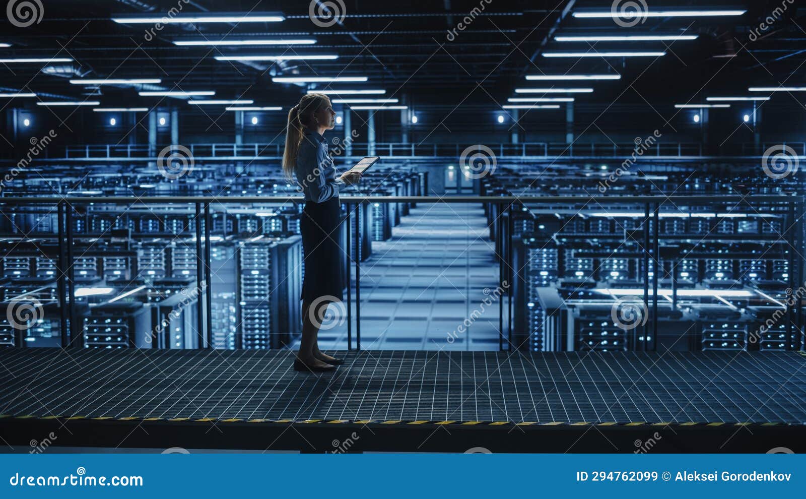 Female it Specialist Using Tablet Computer in Data Center, Walking on a ...
