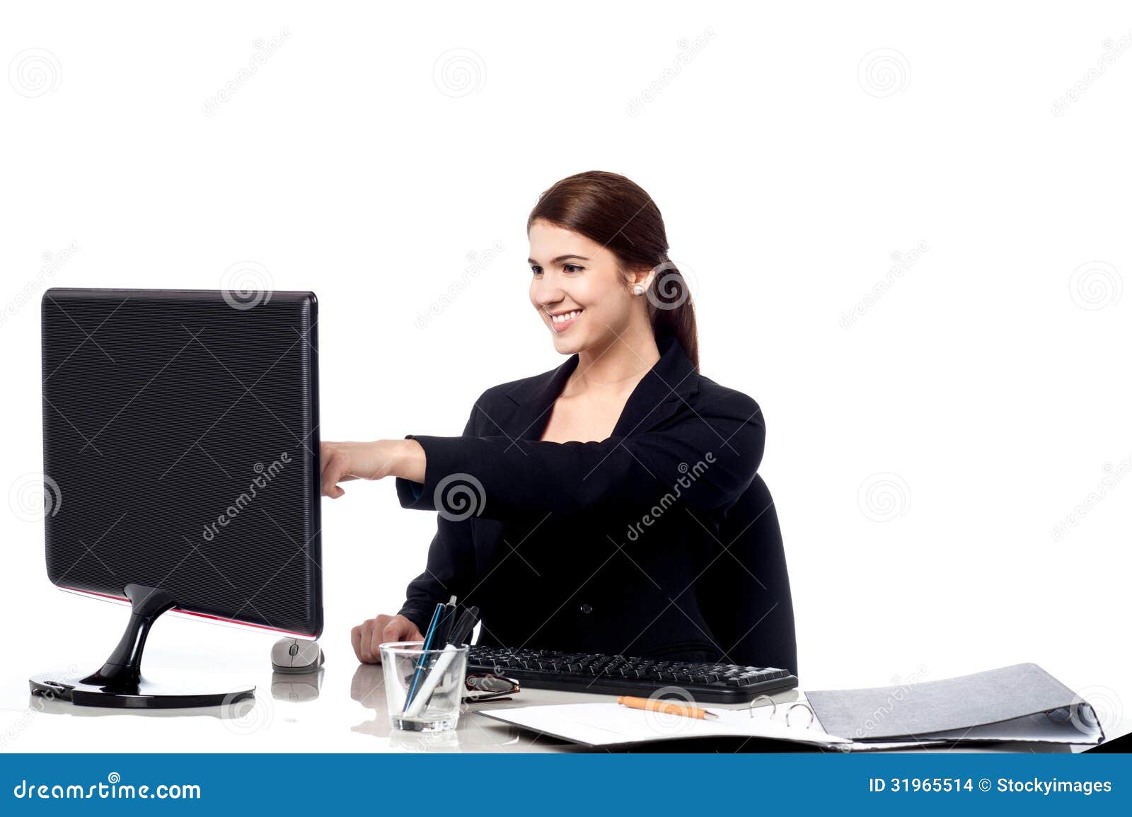 Female Staff Pointing at Monitor Screen Stock Photo - Image of casual ...
