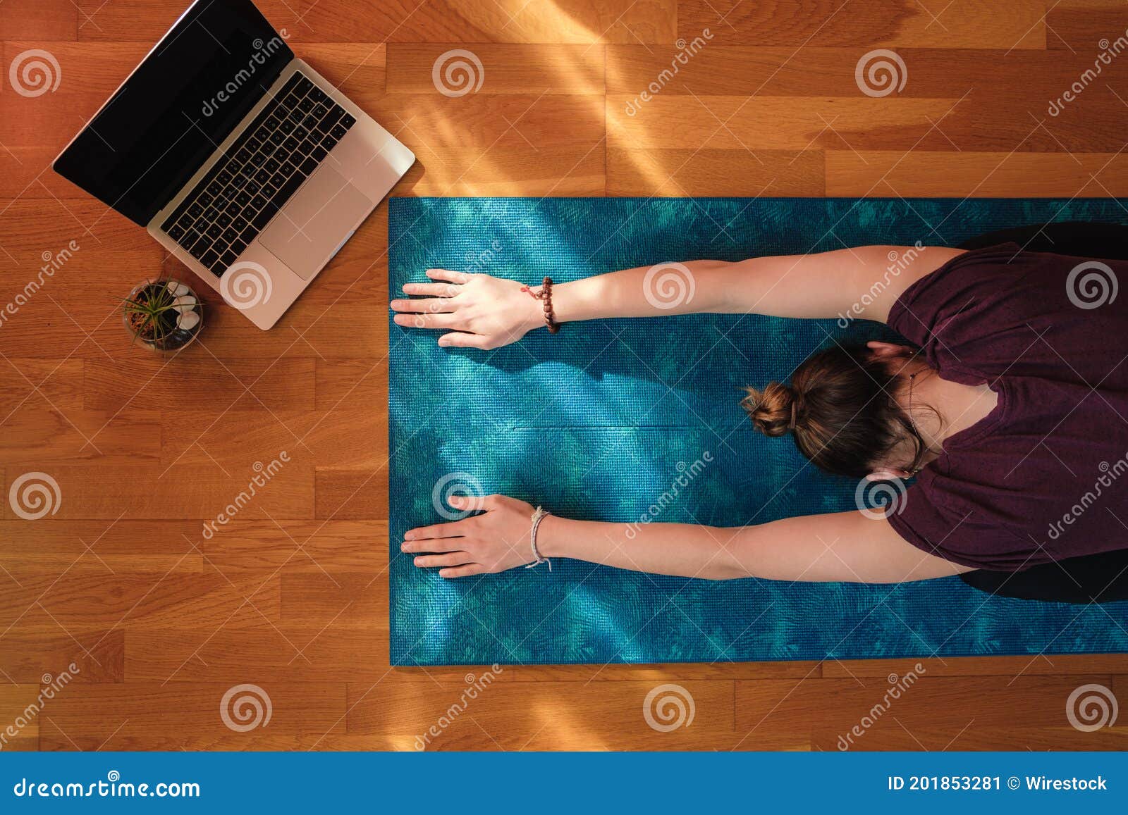 Female Stretching Over a Mat during Online Yoga Class Stock Image ...