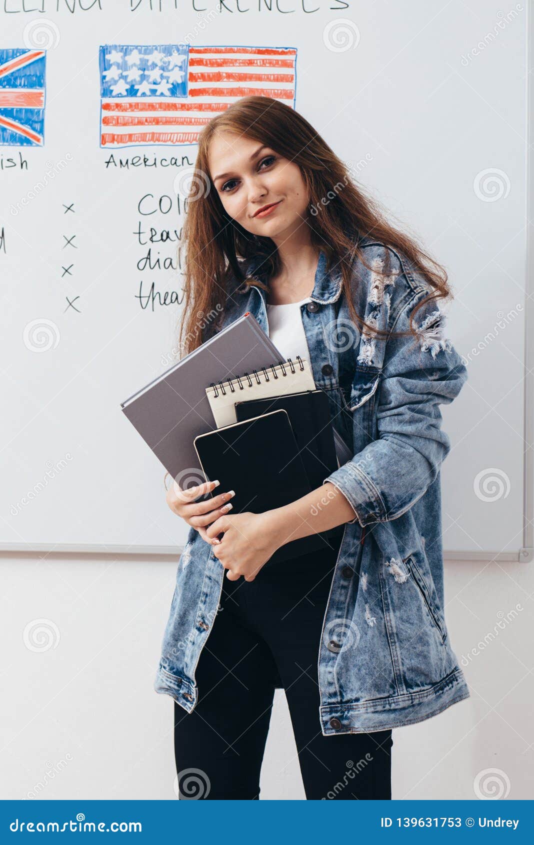Female Student with Books in Classroom English Language School. Stock ...