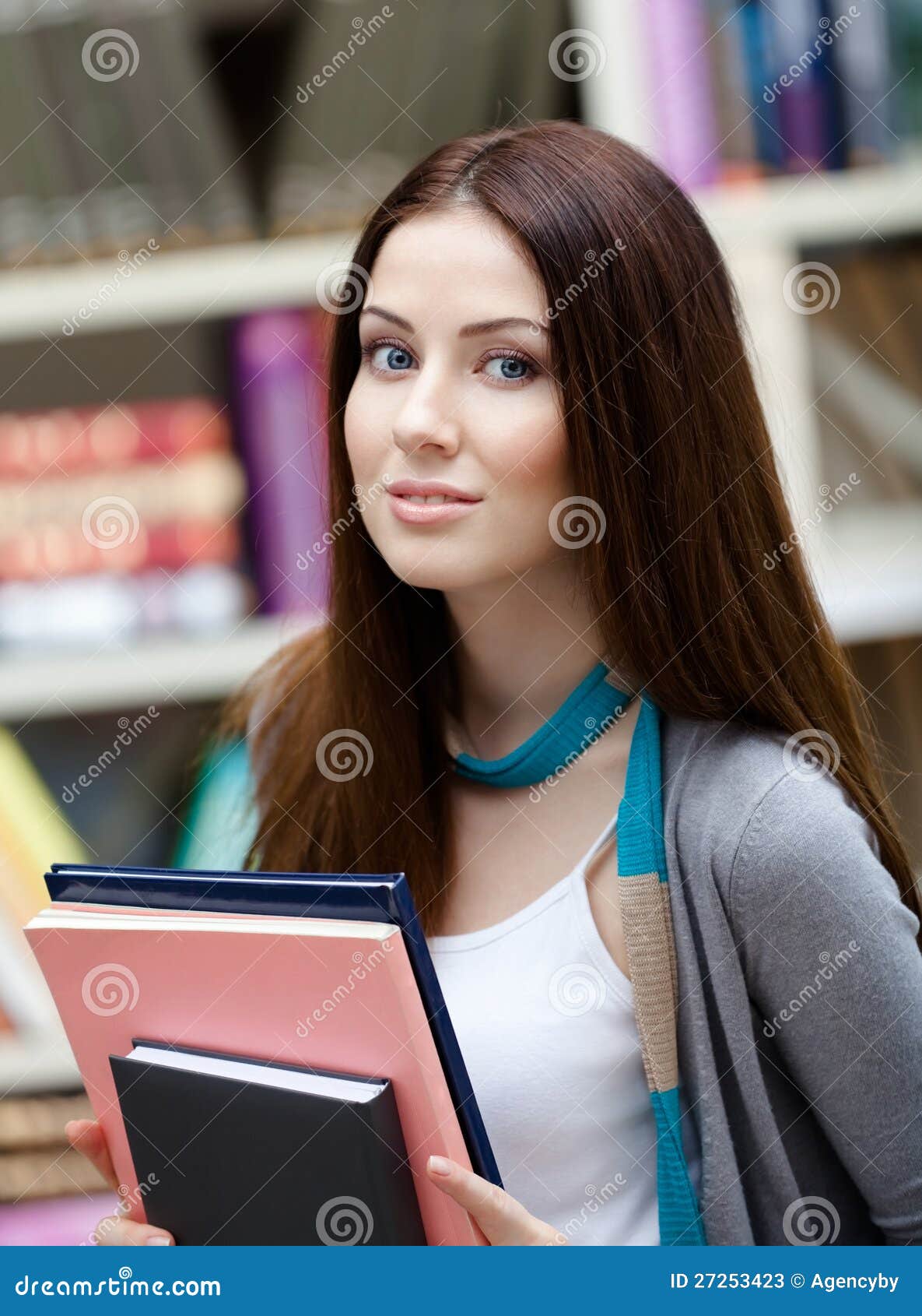 Female Student with Books at the Library Stock Image - Image of cheer ...