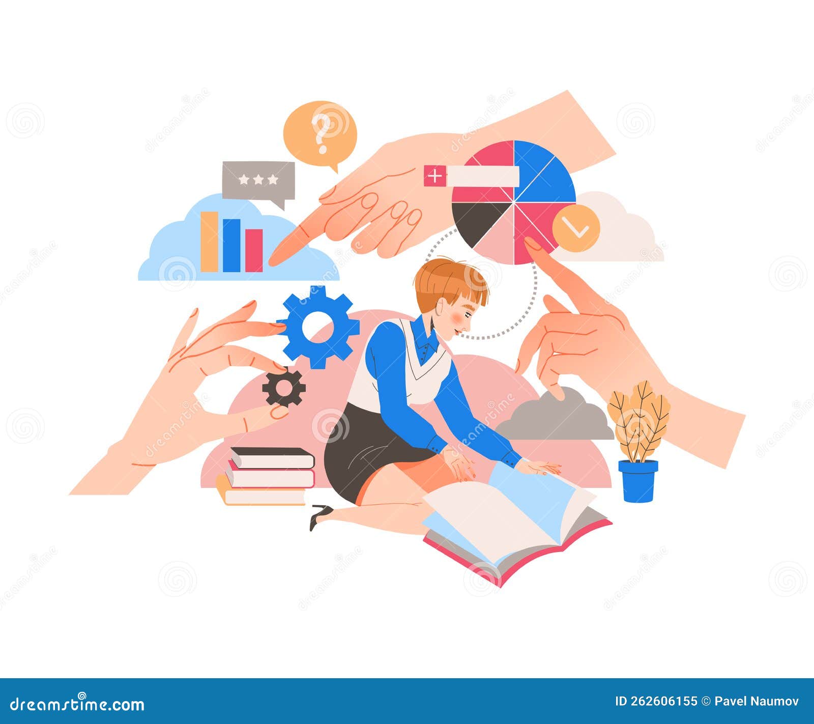 Female Student Character Learning Multitasking Switching between Different Activities Vector ...