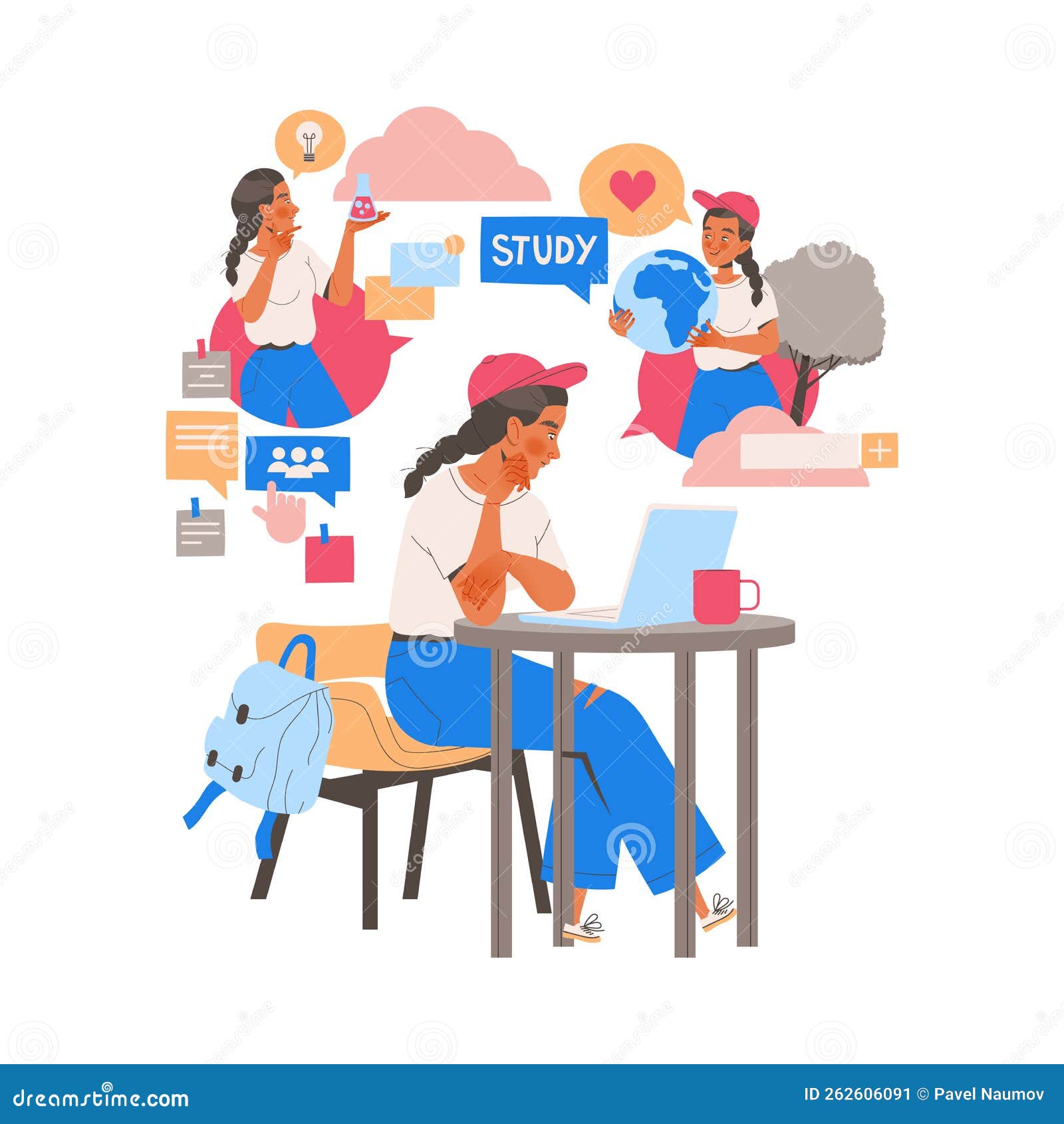 Female Student Character Learning Multitasking Switching between ...