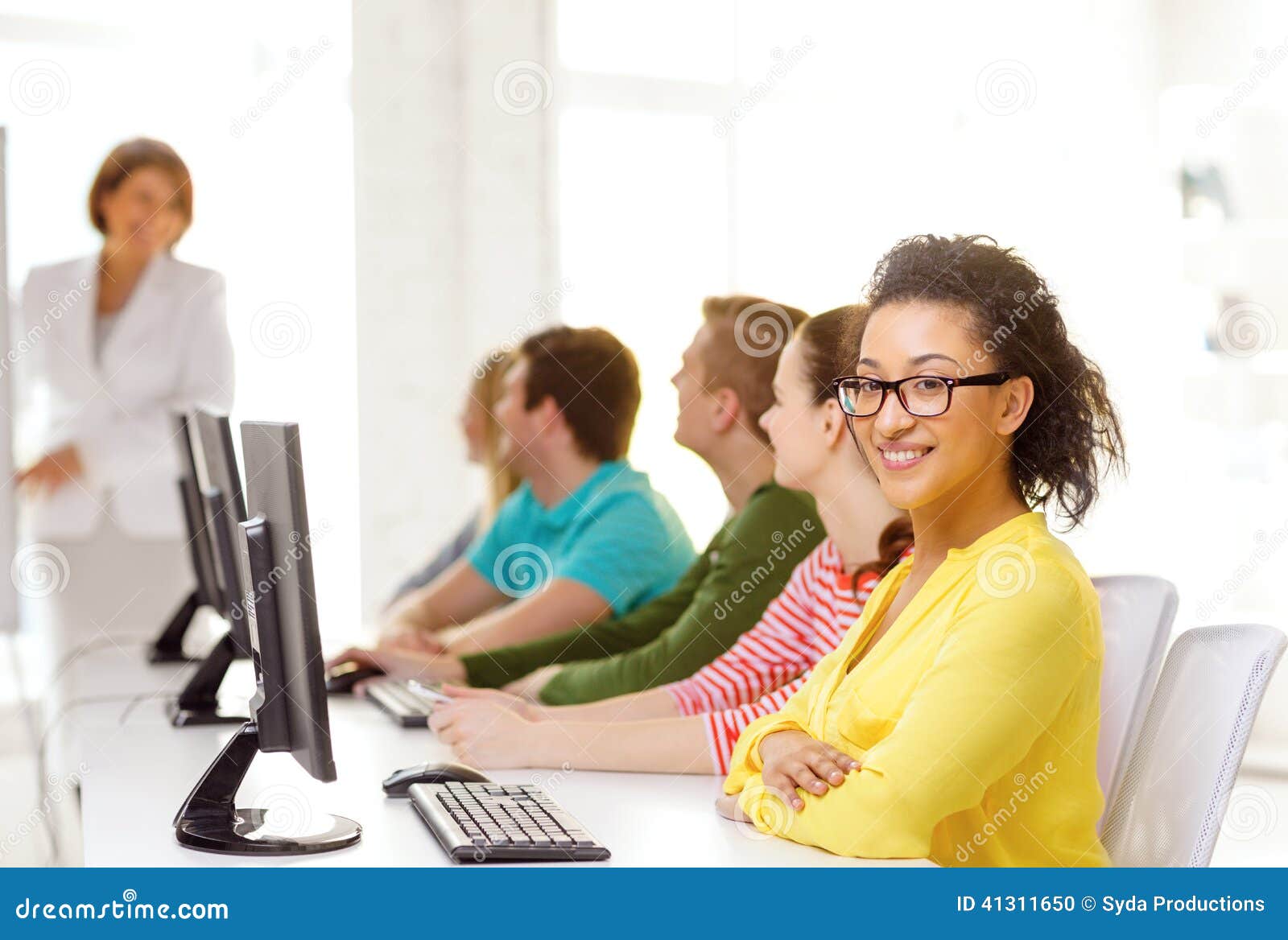 Female Student with Classmates in Computer Class Stock Photo - Image of ...