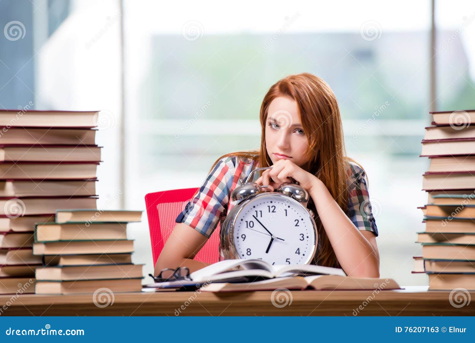 The Female Student with Clock Preparing for Exams Stock Image - Image ...