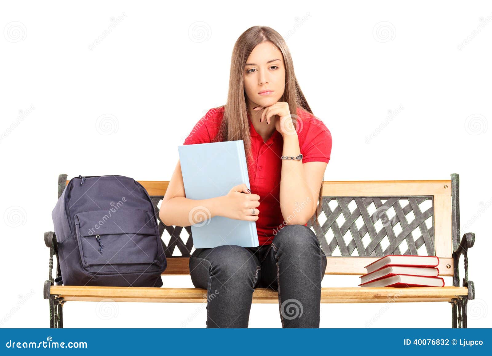 Female Student Contemplating Seated on a Bench Stock Photo - Image of ...