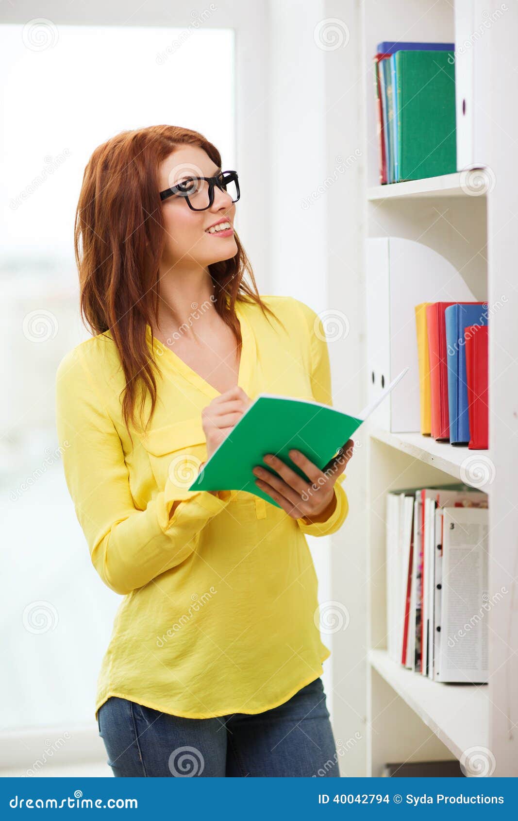 Female Student in Eyeglasses with Textbook Stock Photo - Image of high ...