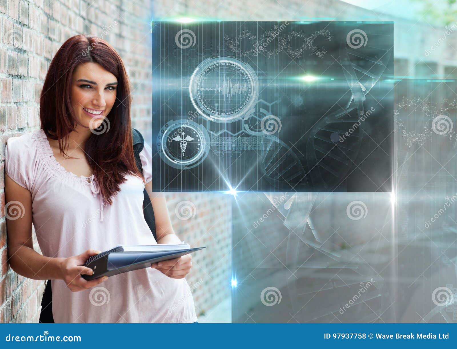 Female Student with Folders and Science Education Interface Graphics ...