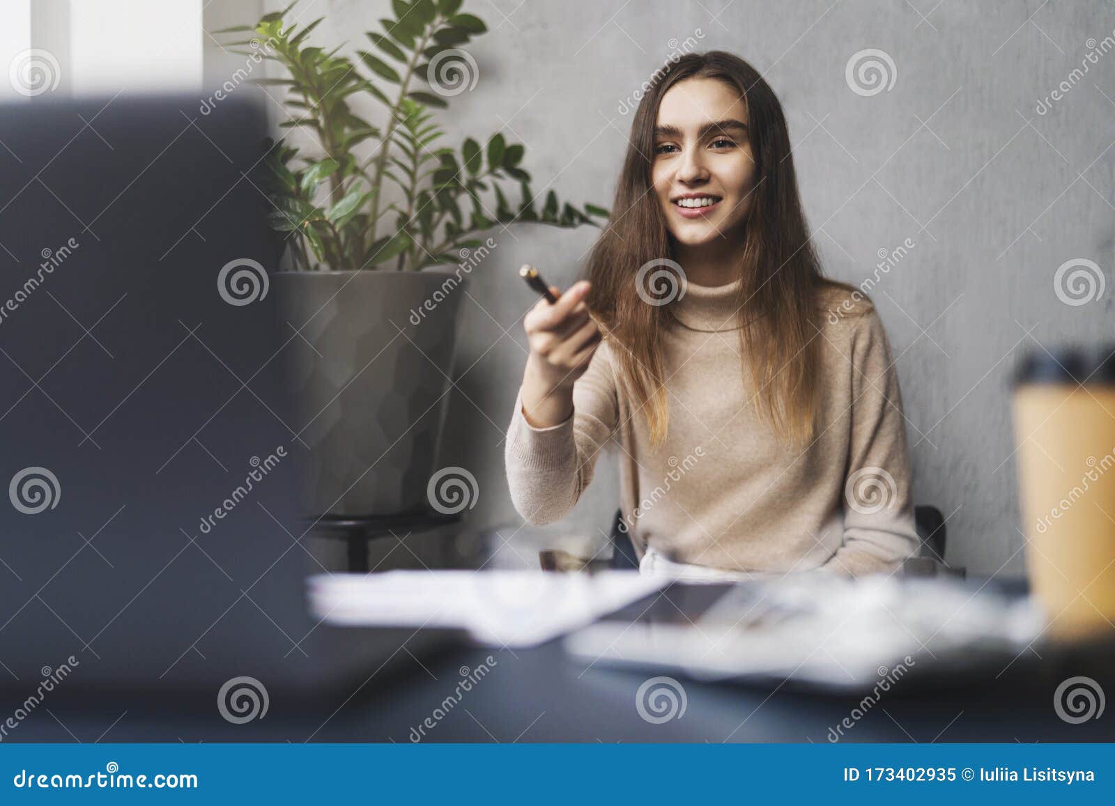 Female Student Getting Distant Education, Watching Webinar and Making ...