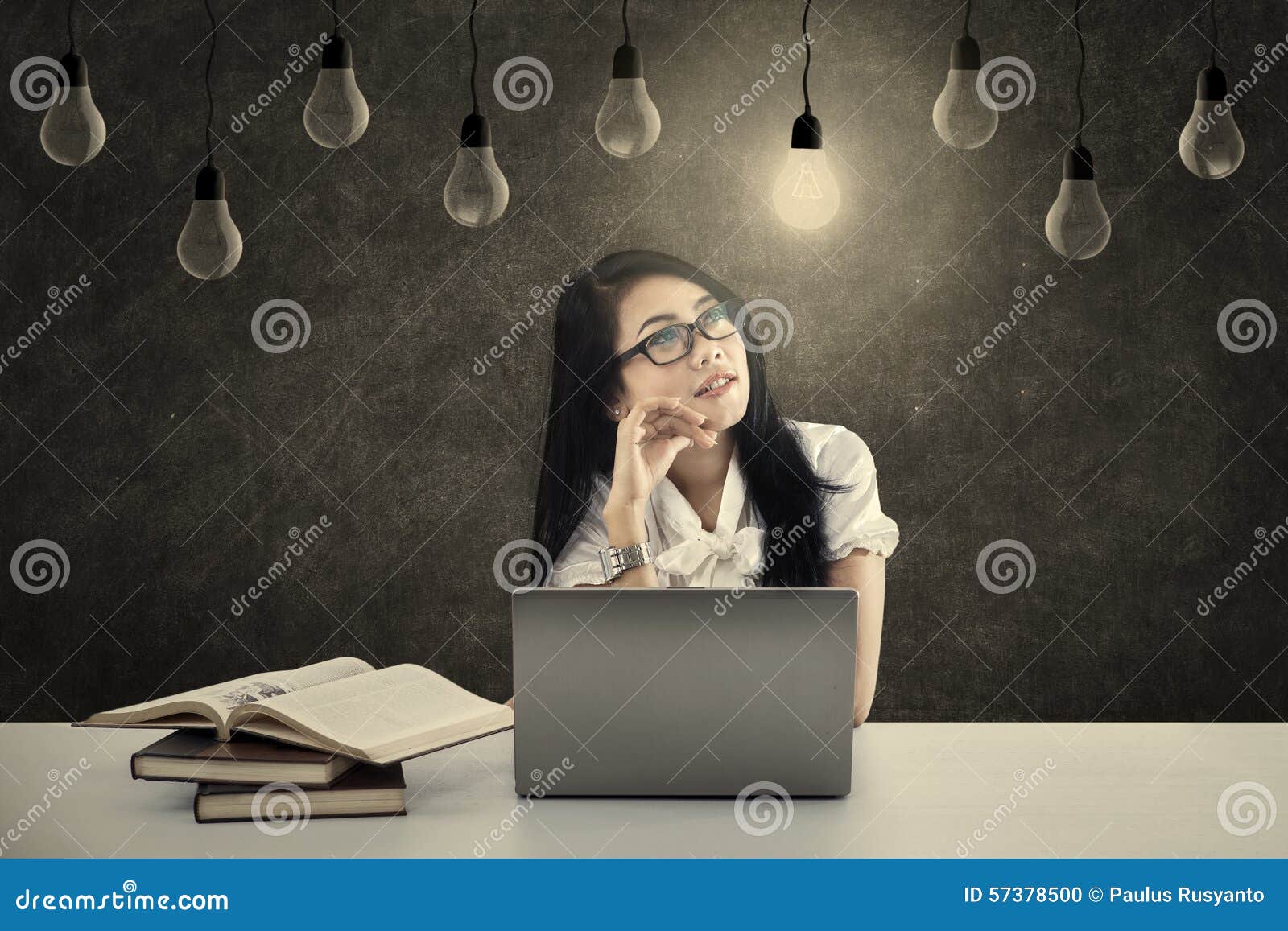 Female Student Has Bright Idea Stock Photo - Image of innovation, lamp ...
