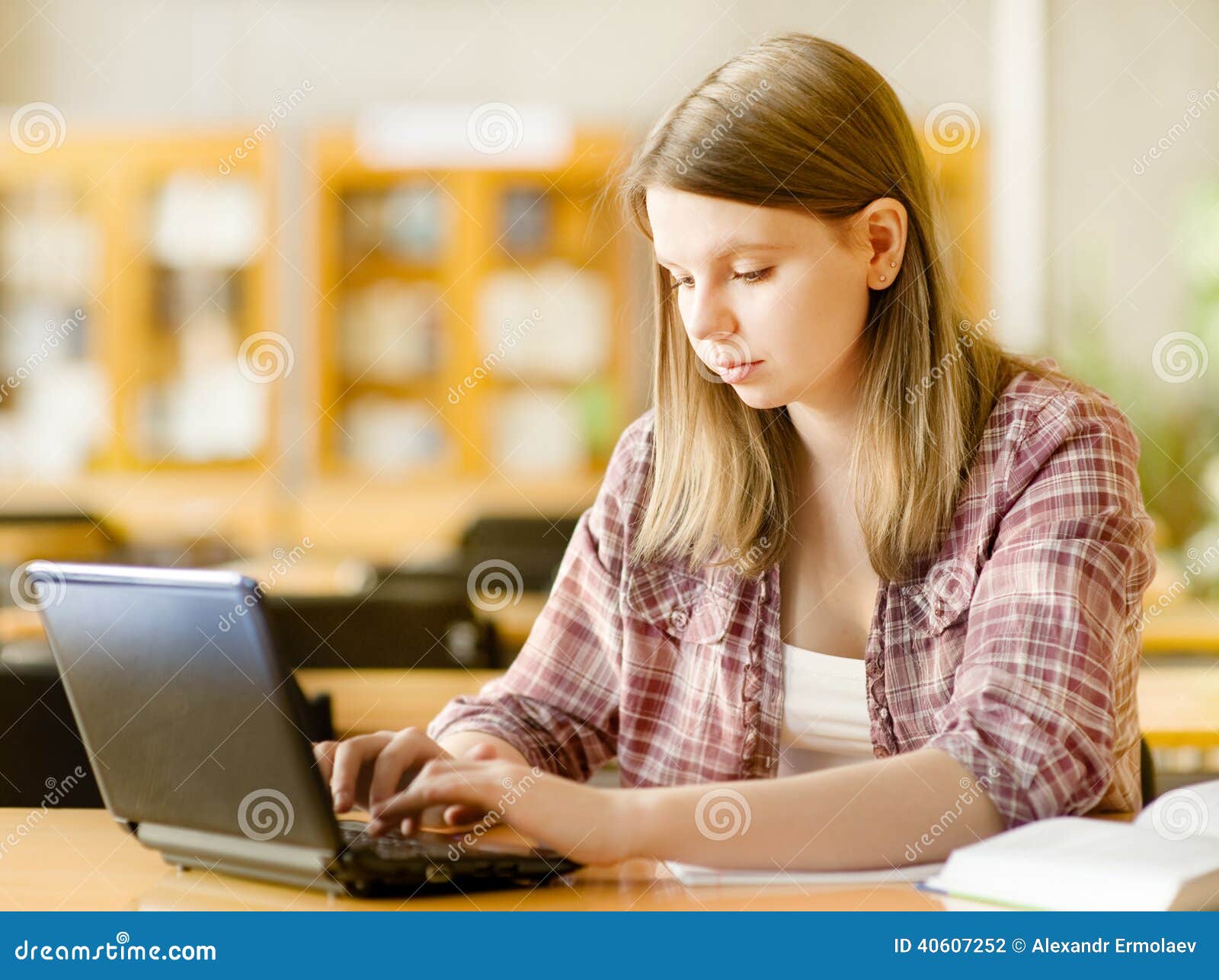 Female Student with Laptop Working Stock Photo - Image of library ...